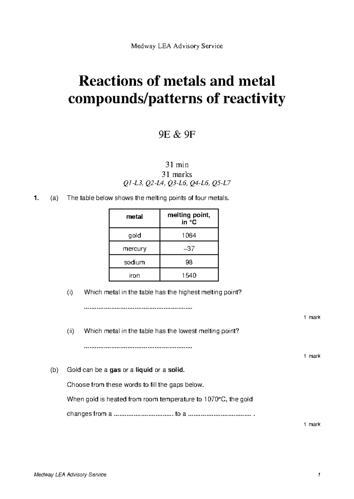 Year 9 - reactions of metals and metal compounds - patterns of ...