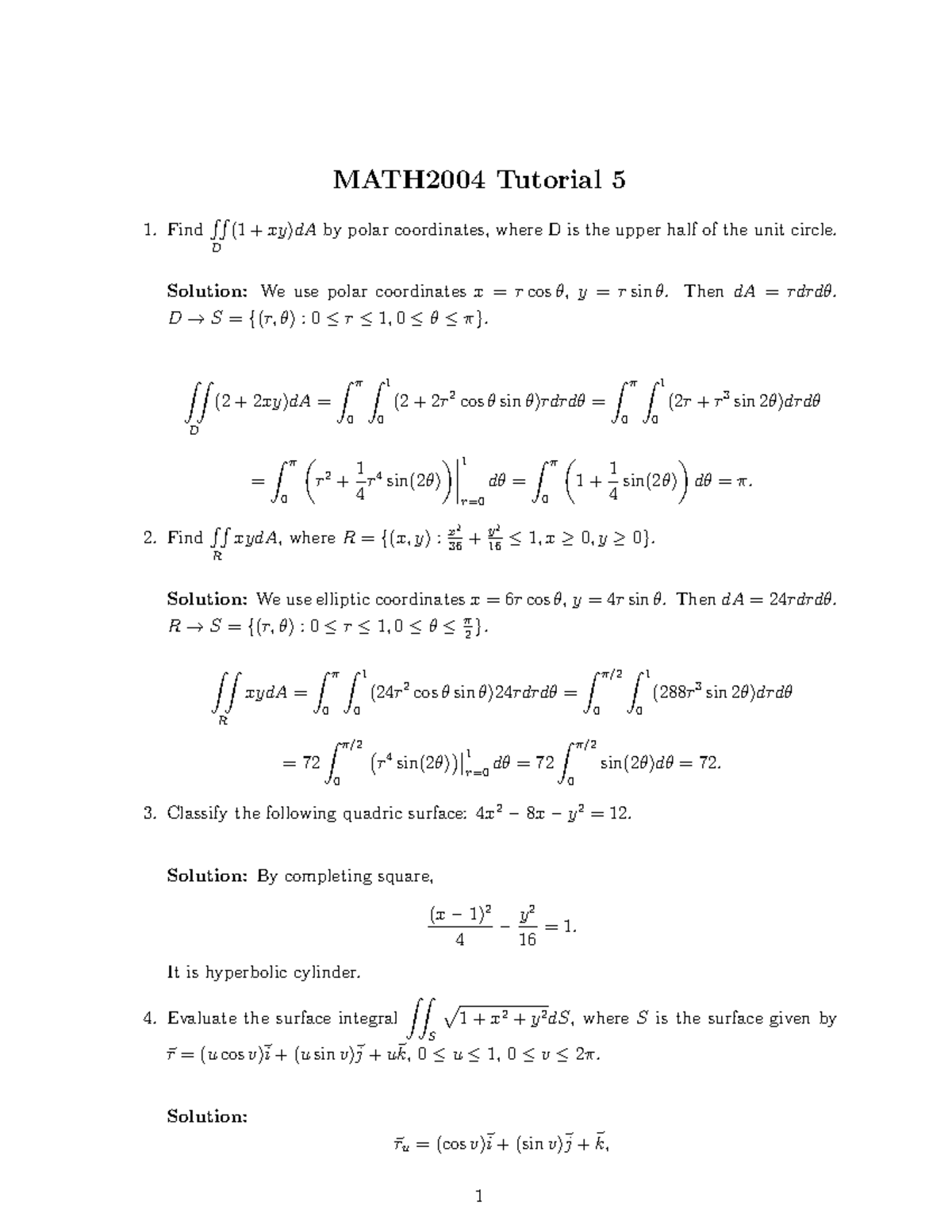MATH2004 Tut5 - good questions - MATH2004 Tutorial 5 Find ∫∫ D (1 + xy ...