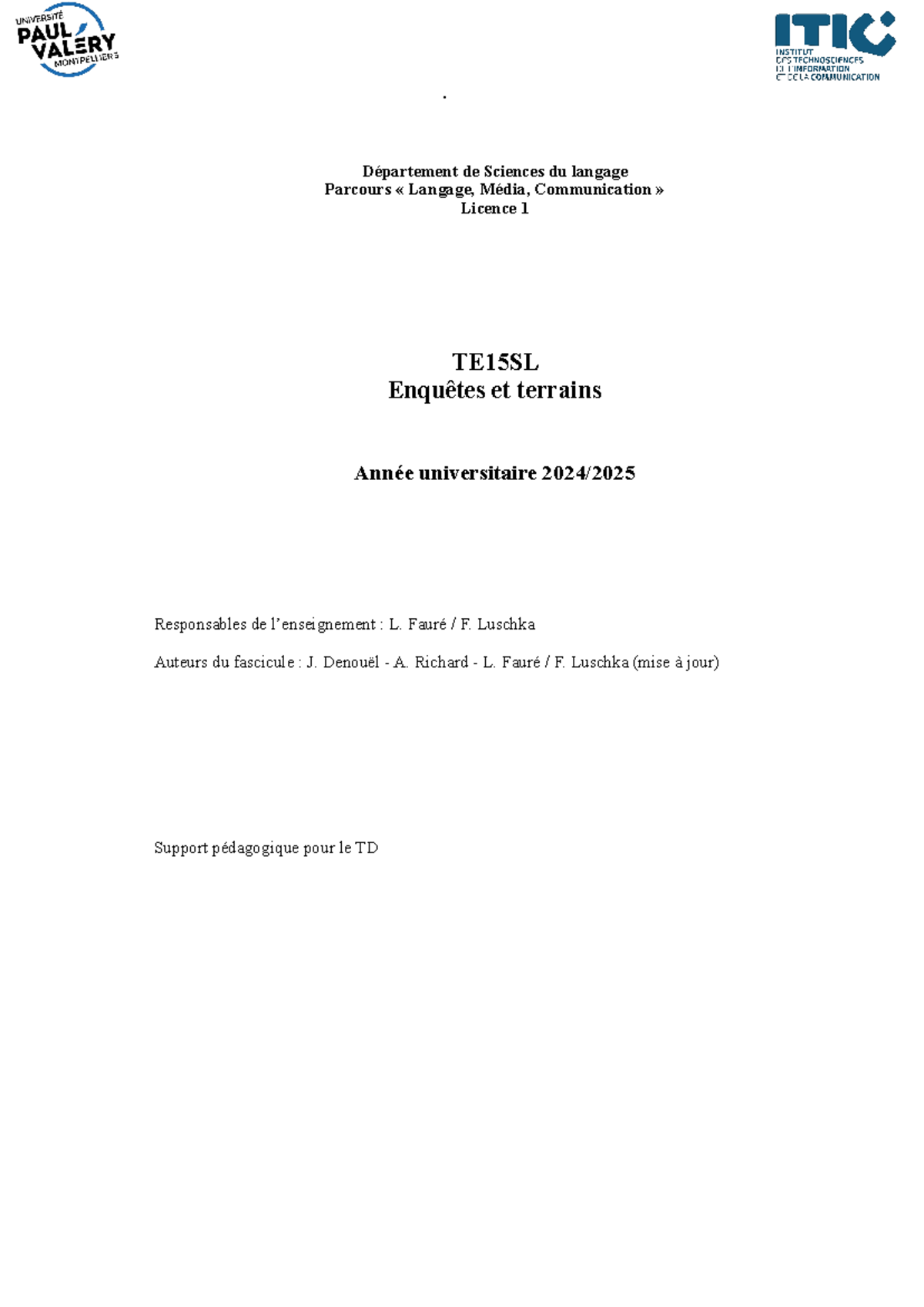 Fascicule TE15SL 2024 2025 - Département de Sciences du langage ...
