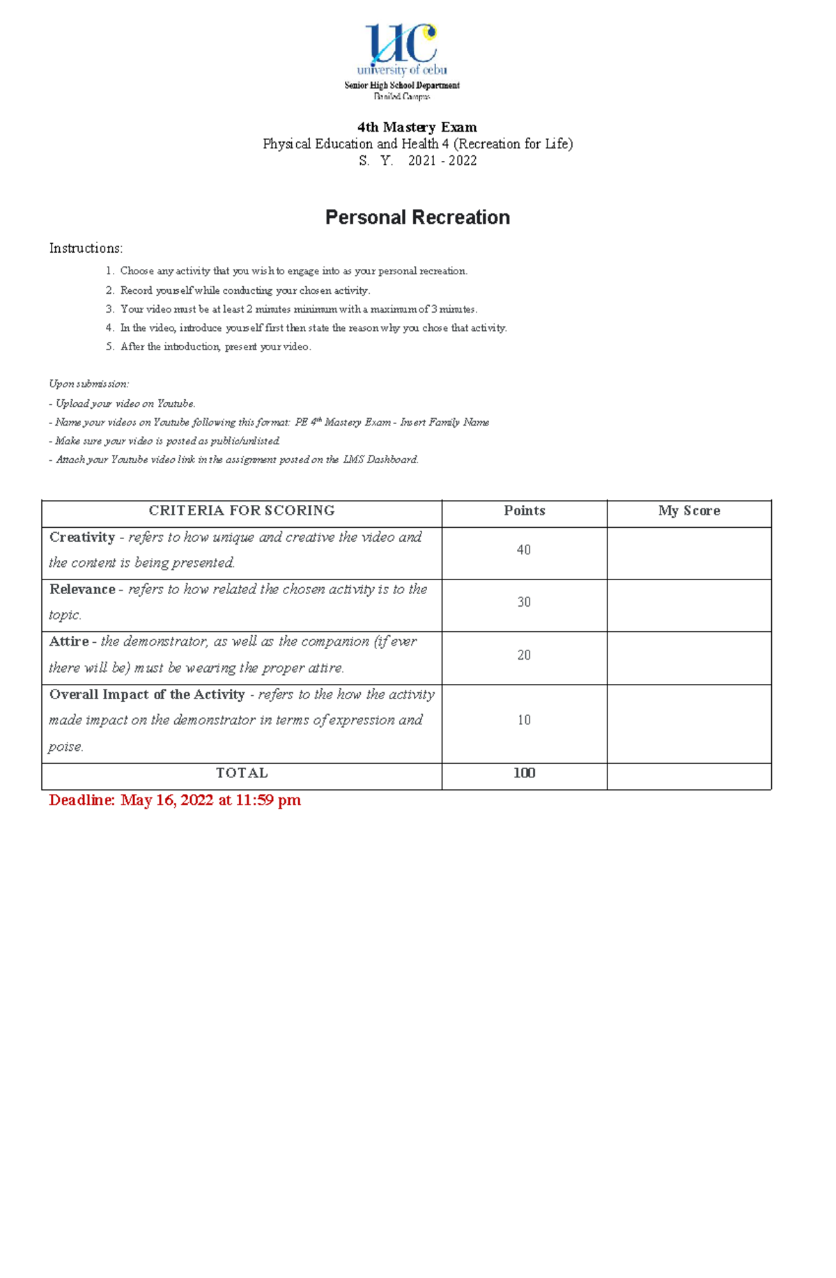 PE 4 4th Mastery Exam - guide - 4th Mastery Exam Physical Education and ...