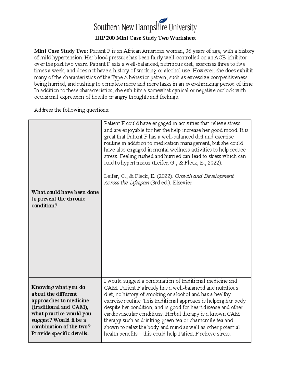 IHP 200 Mini Case Study Two Worksheet - IHP 200 Mini Case Study Two ...