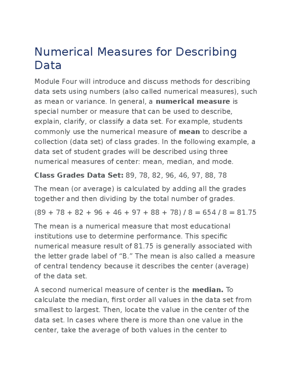 Chapter 4 - Notes from the module. - Numerical Measures for Describing ...