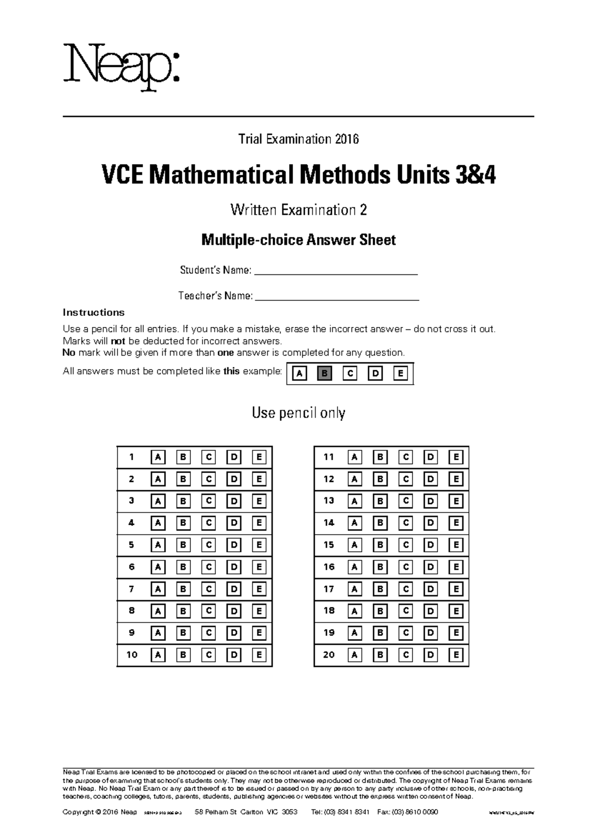 [VCE Methods] 2016 NEAP Unit 34 Exam 2 Answer Sheet - Neap Trial Exams ...