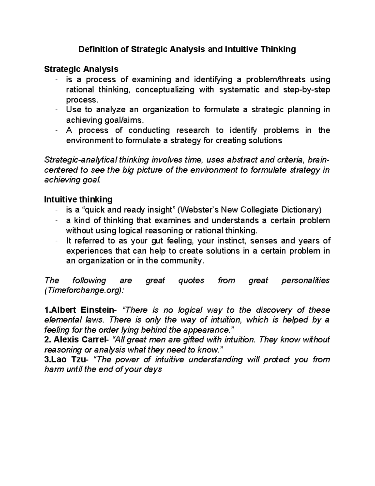 Definition of Strategic Analysis and Intuitive Thinking - Use to ...
