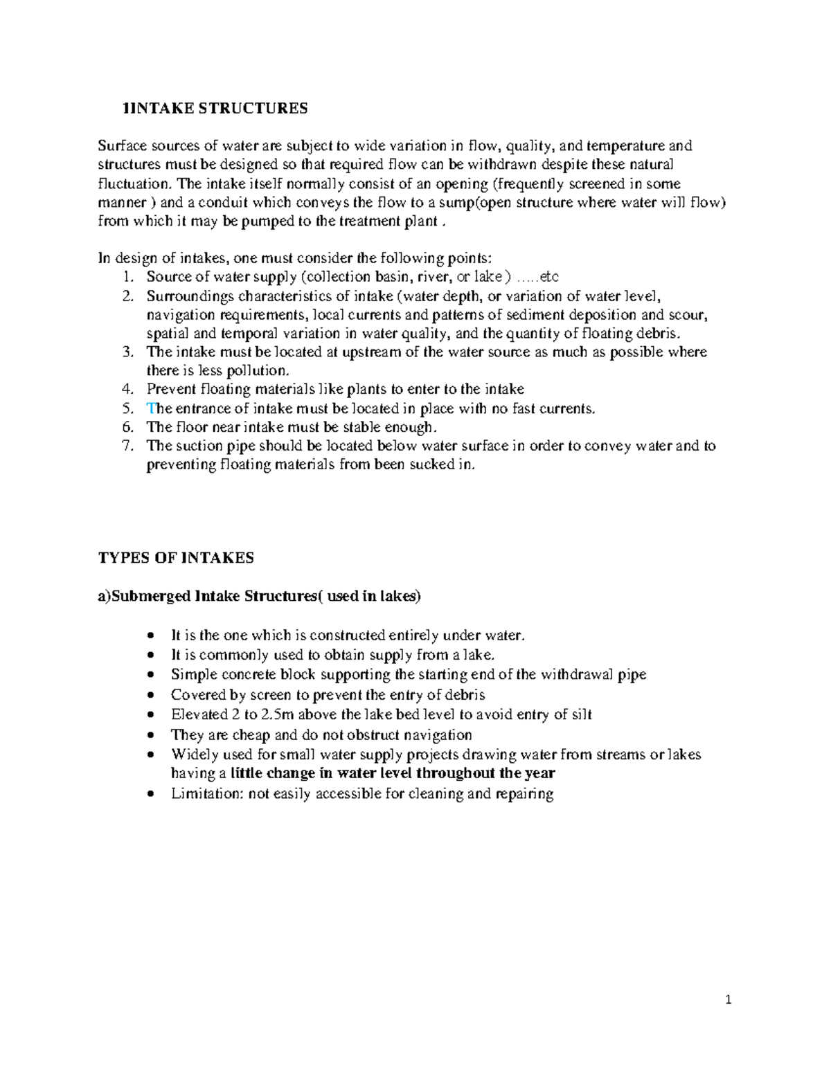 final Intake structures - 1 INTAKE STRUCTURES Surface sources of water ...