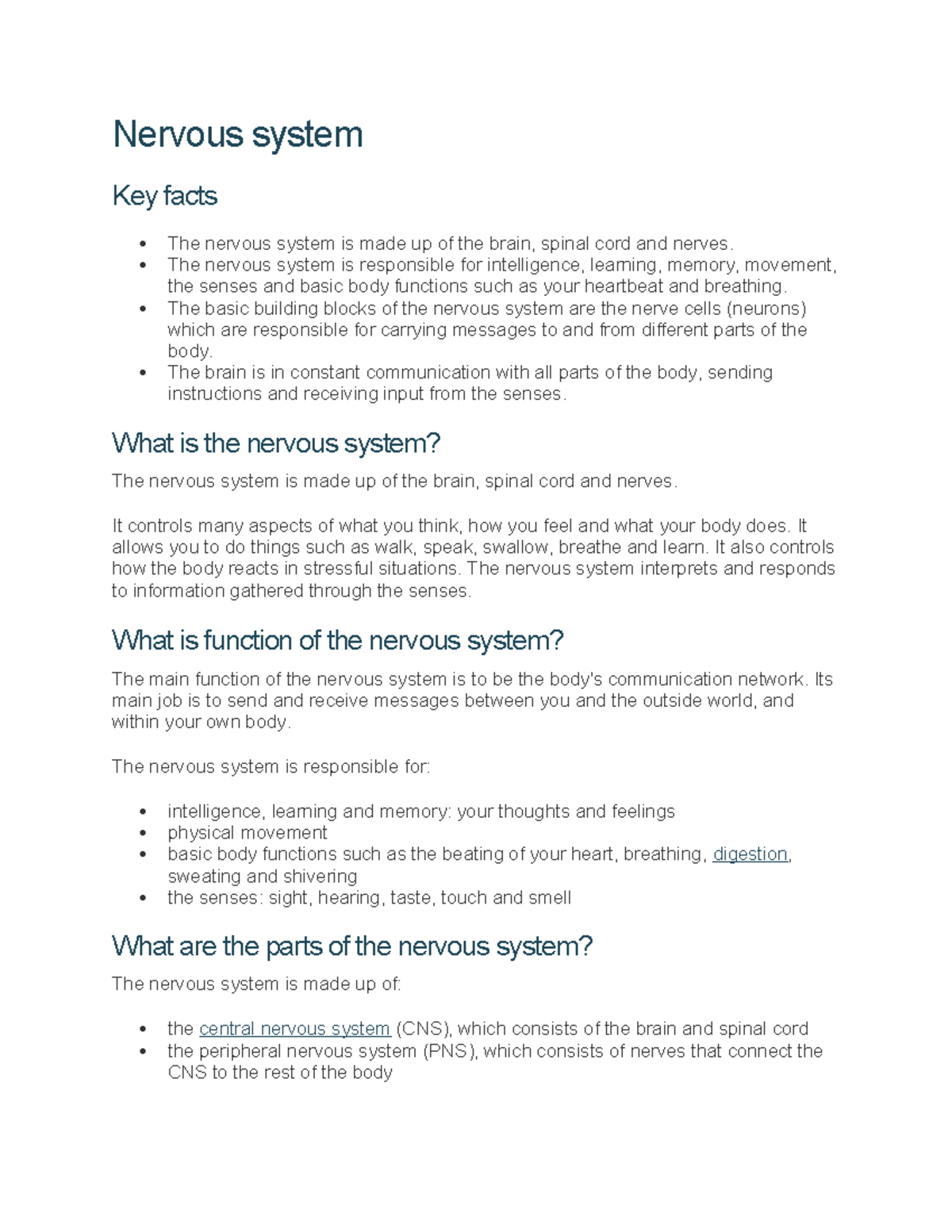 CNS - lectures of biological basis of behavior - Nervous system Key ...