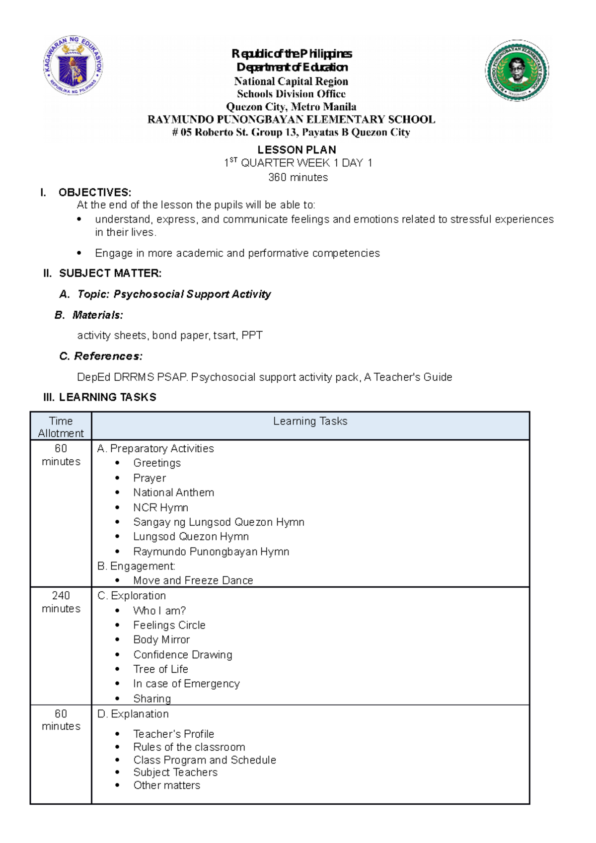 Mapeh 5 Q1 WK 1 D1 Orientation - LESSON PLAN 1 ST QUARTER WEEK 1 DAY 1 ...