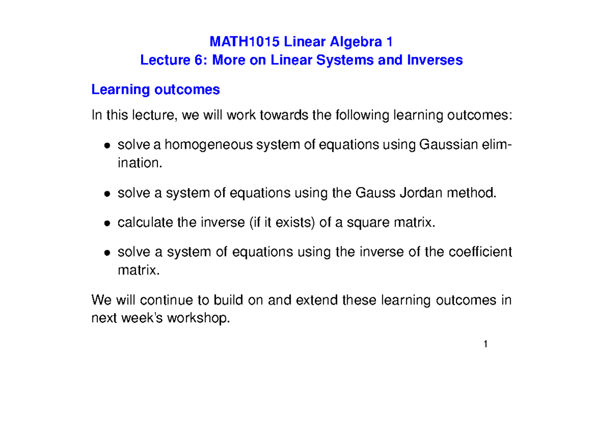 LA1 L6 annotated - Lecture notes 6 - MATH1015 Linear Algebra 1 Lecture ...