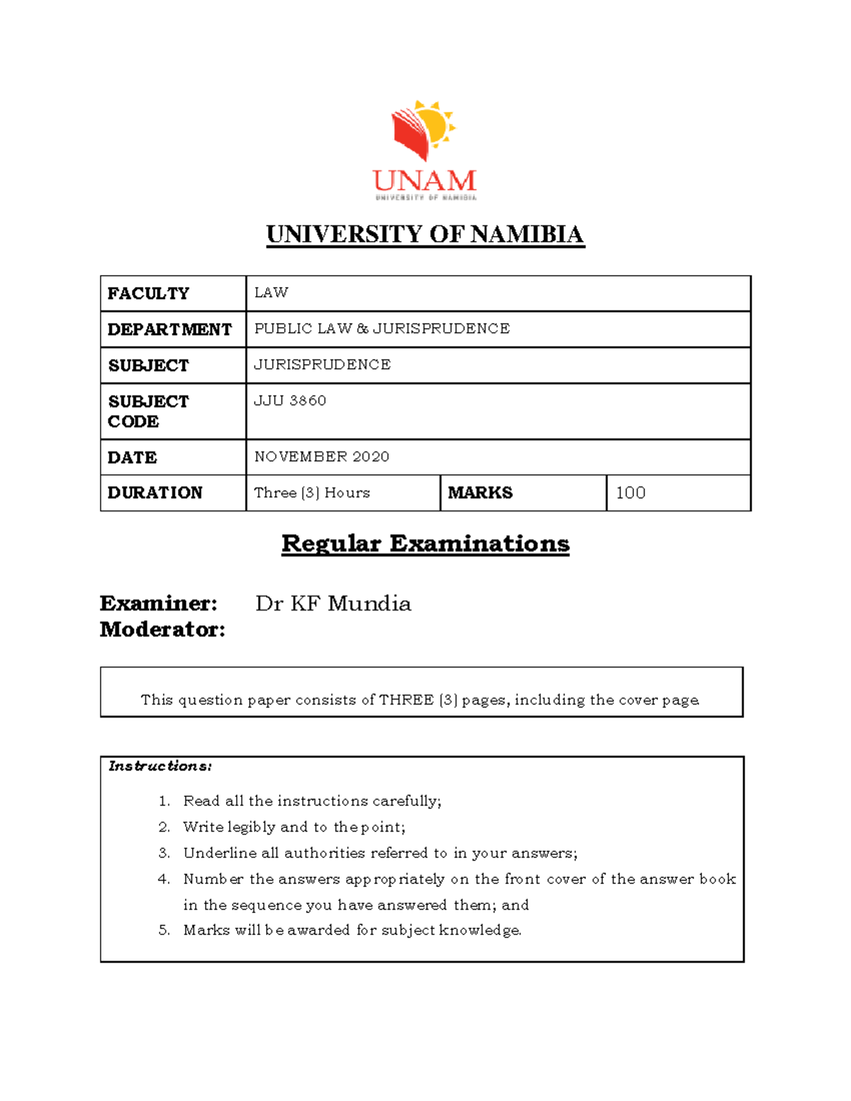 Jurisprudence Regular - UNIVERSITY OF NAMIBIA Regular Examinations ...