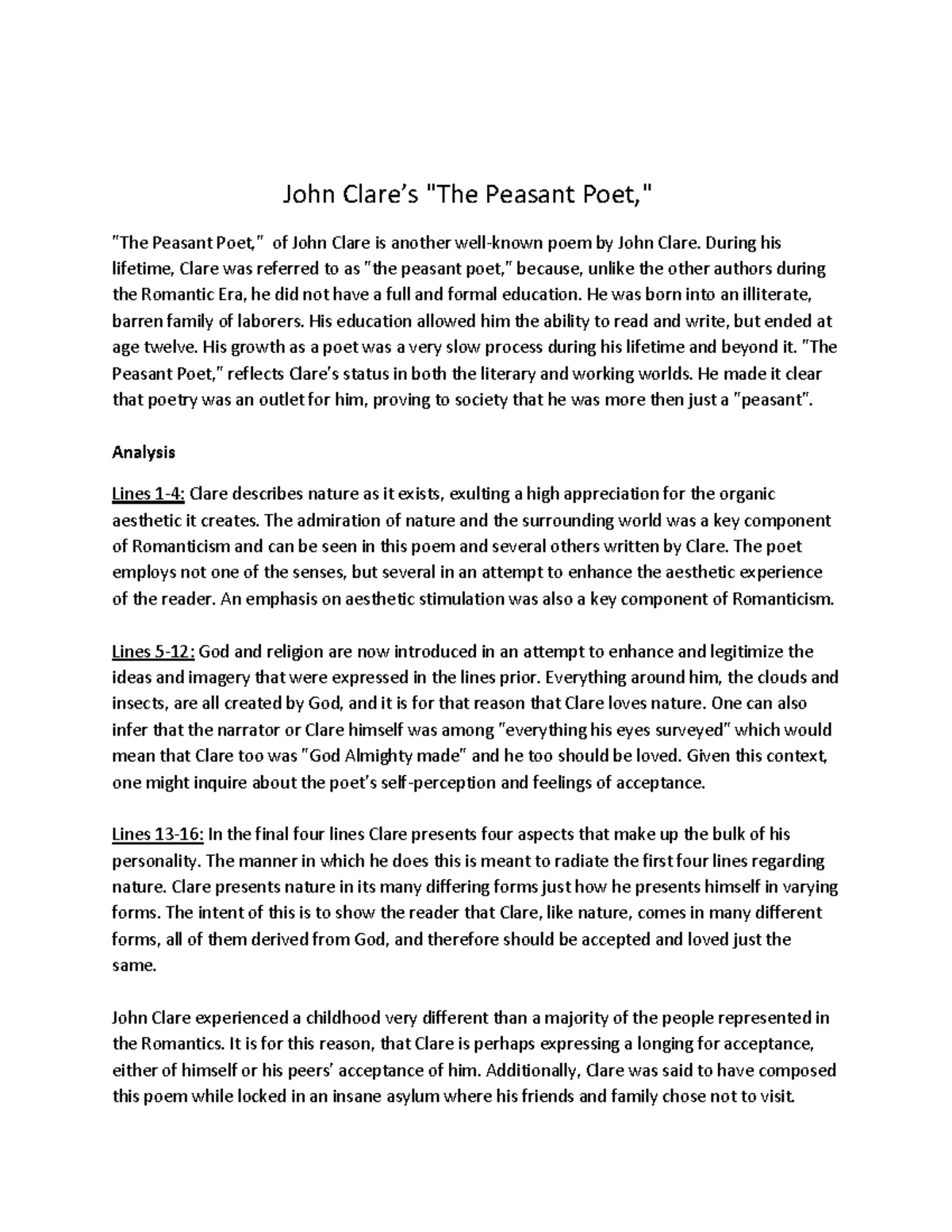 Clare - The pleasent poet - John Clare’s "The Peasant Poet," "The ...