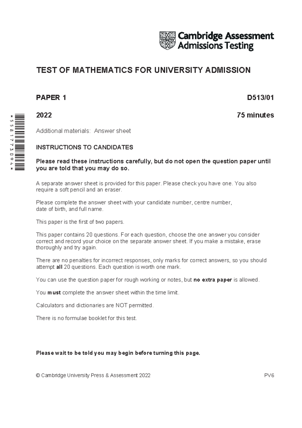 687566 test of mathematics for university admission 2022 paper 1 - TEST ...