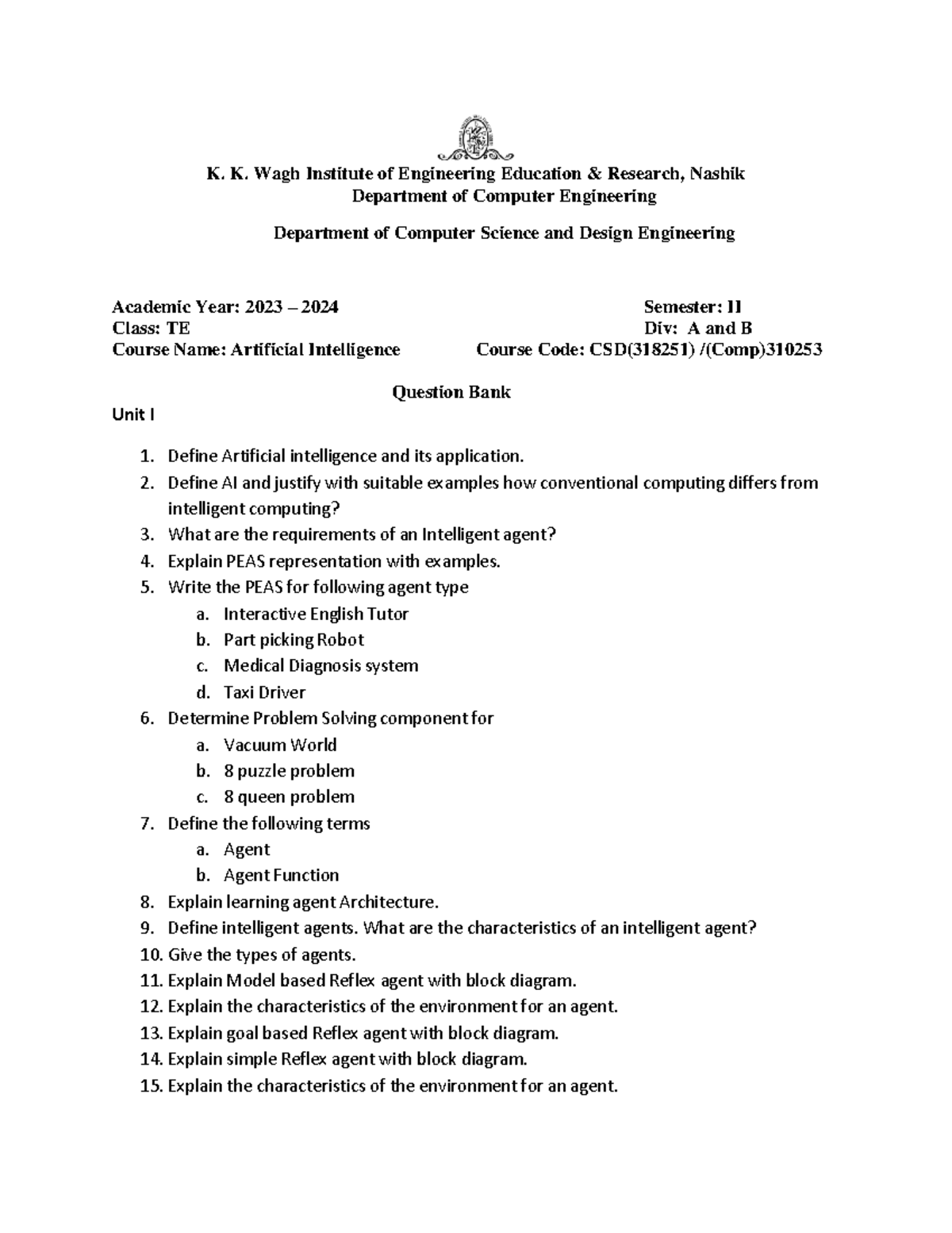 AI QB Unit1&2(23-24) - ai ds pyq - K. K. Wagh Institute of Engineering Education & Research ...