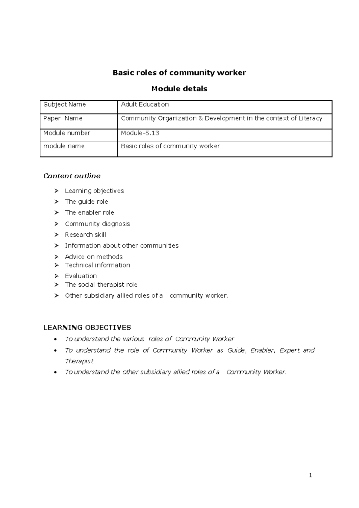 Basic roles of community worker - Basic roles of community worker ...