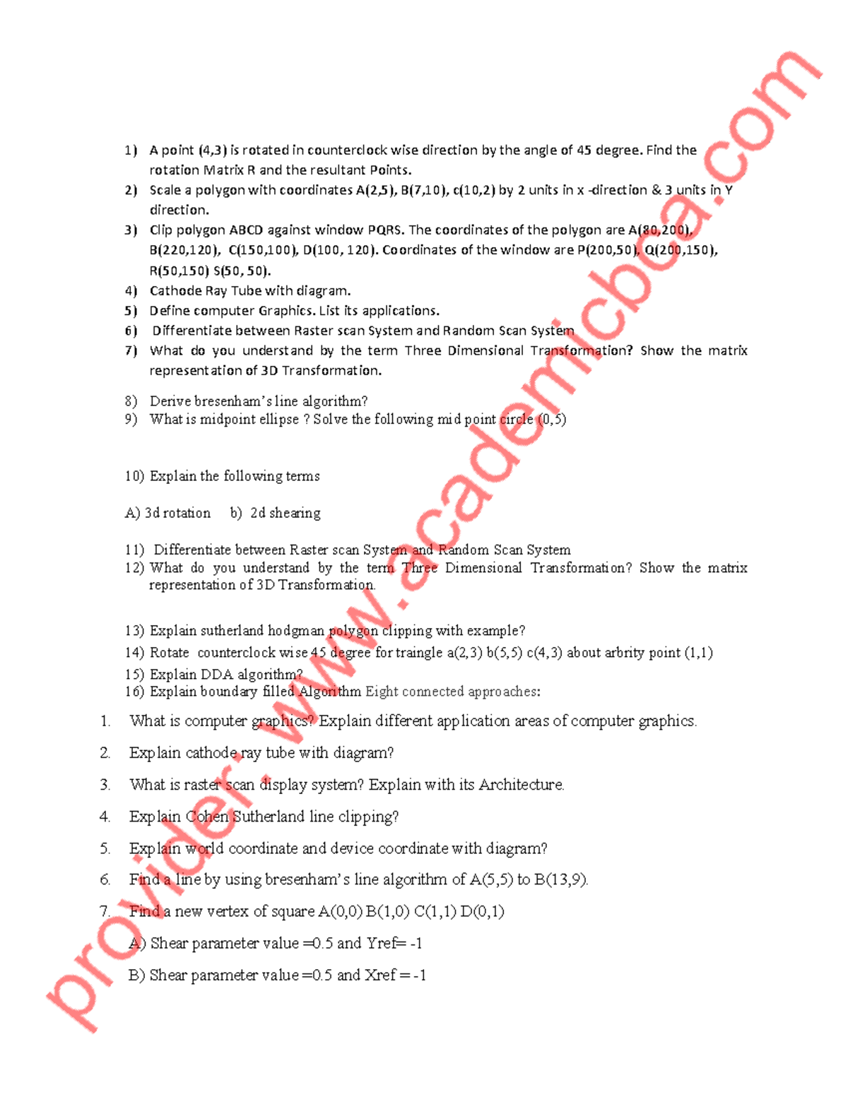 Cg-questions - 1) A point (4,3) is rotated in counterclock wise ...