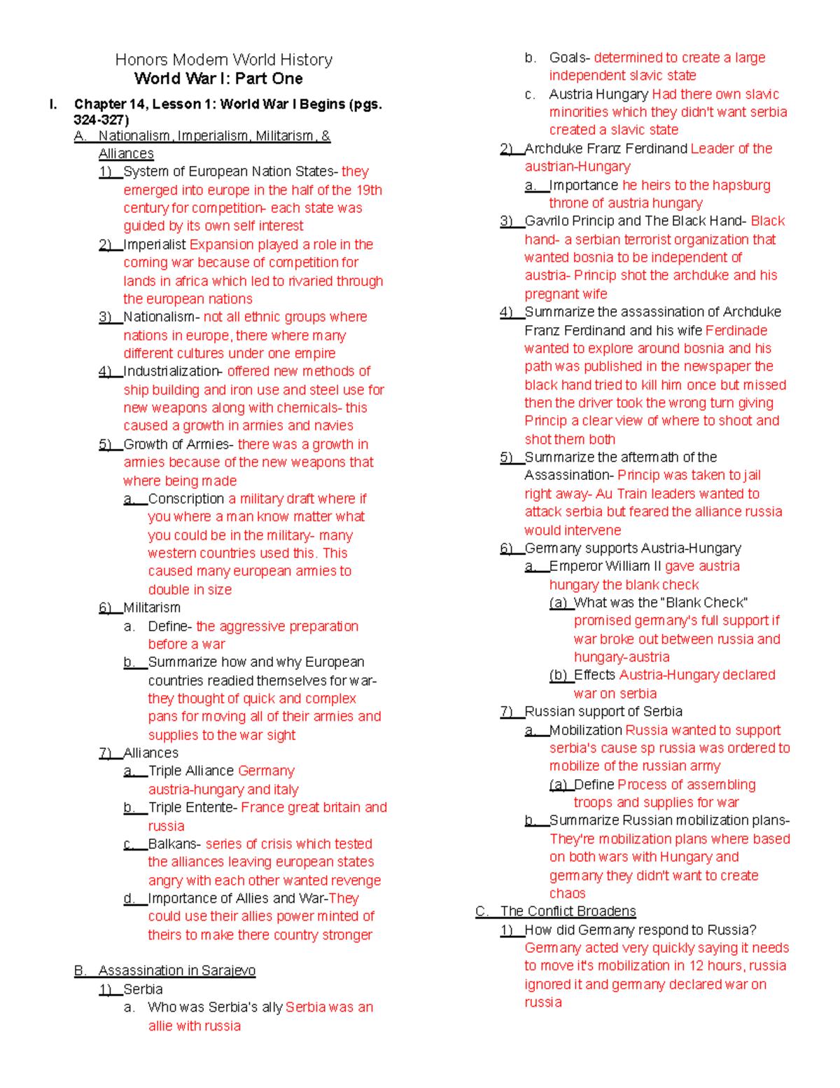 Copy of ALL NEW WWI Reading and Notetaking Guide - Honors Modern World History World War I: Part ...