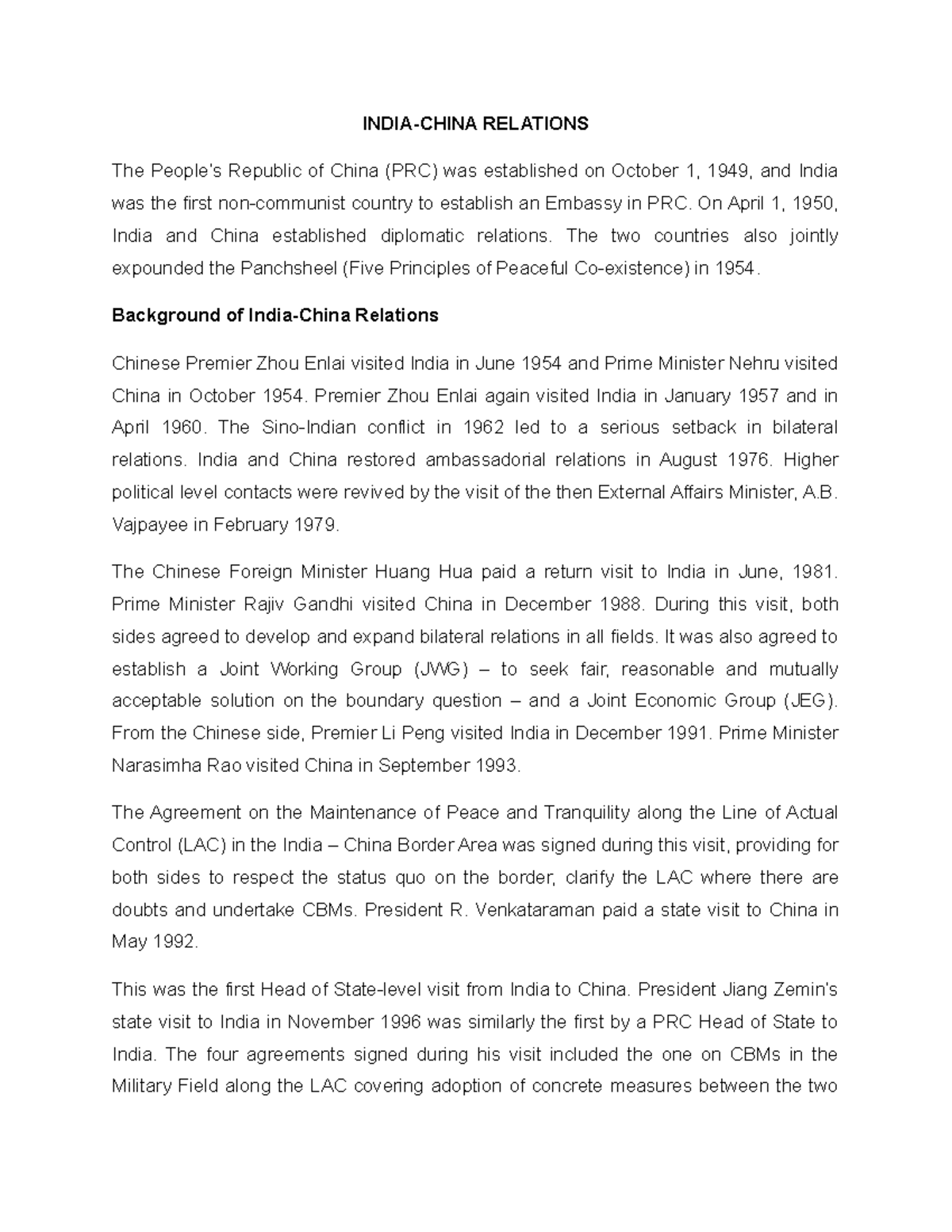 INDO China - INDIA-CHINA RELATIONS The People’s Republic of China (PRC ...