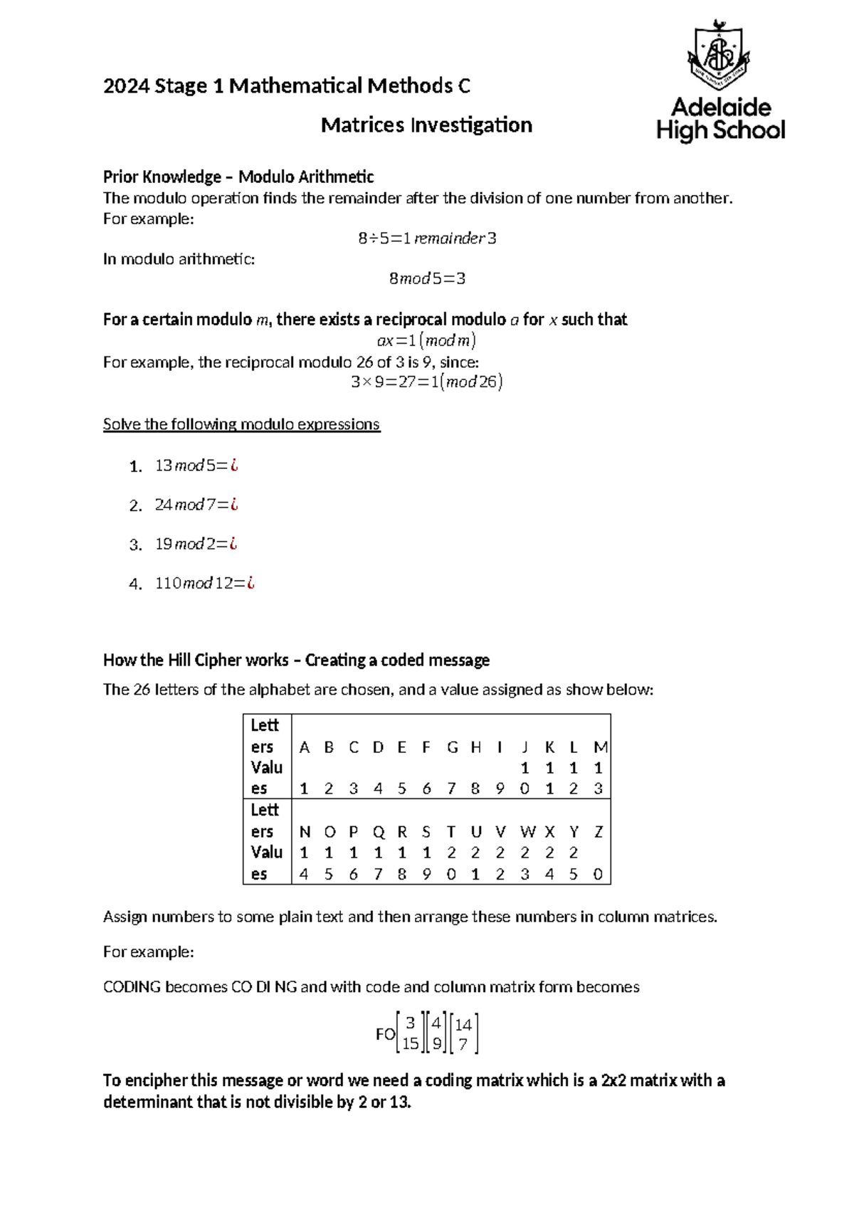 2024 Matrices Investigation - 2024 Stage 1 Mathematical Methods C ...