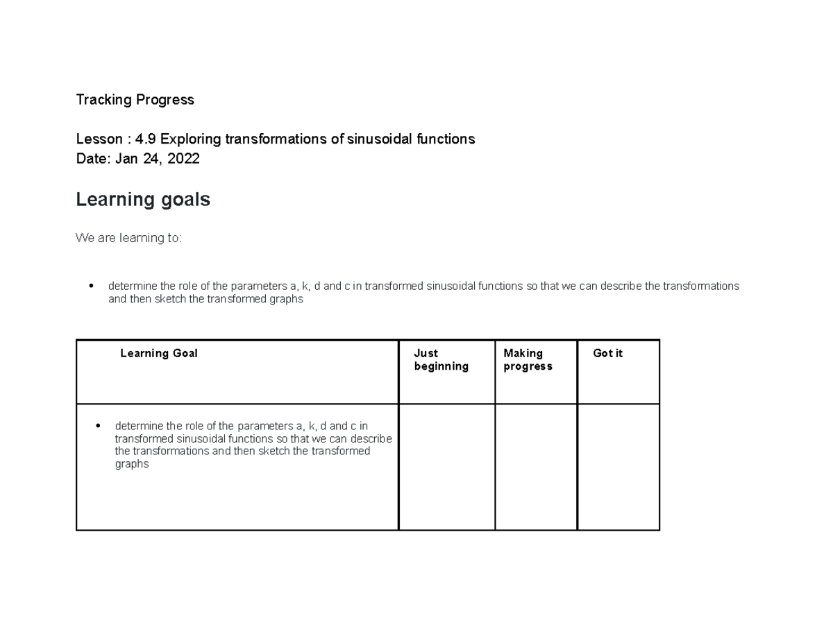 4 - hdghdfghdfhgf - Tracking Progress Lesson : 4 Exploring transformations of sinusoidal ...
