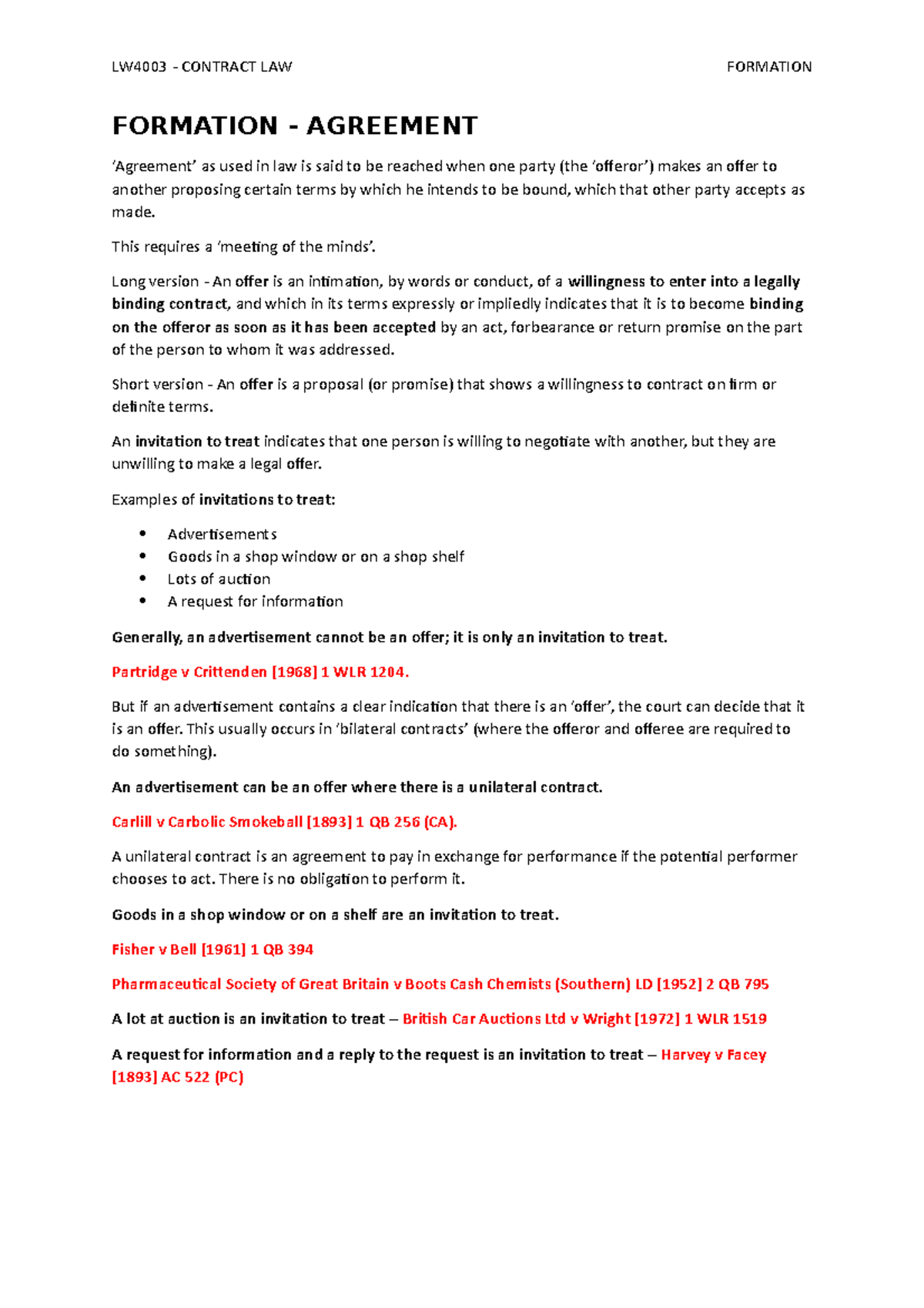 Contract Formation - Agreement - FORMATION - AGREEMENT ‘Agreement’ as ...