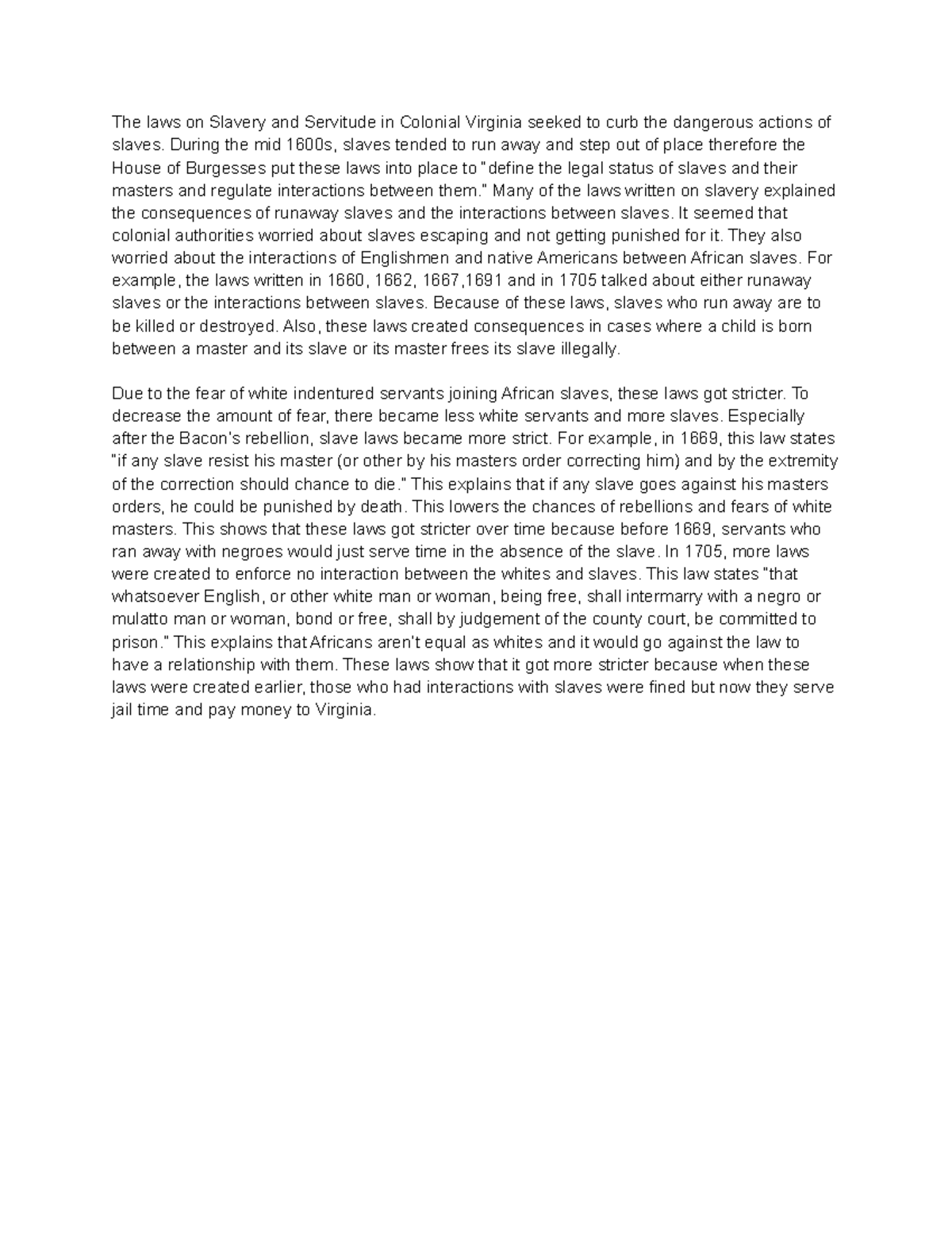 Primary doc assignment - The laws on Slavery and Servitude in Colonial ...