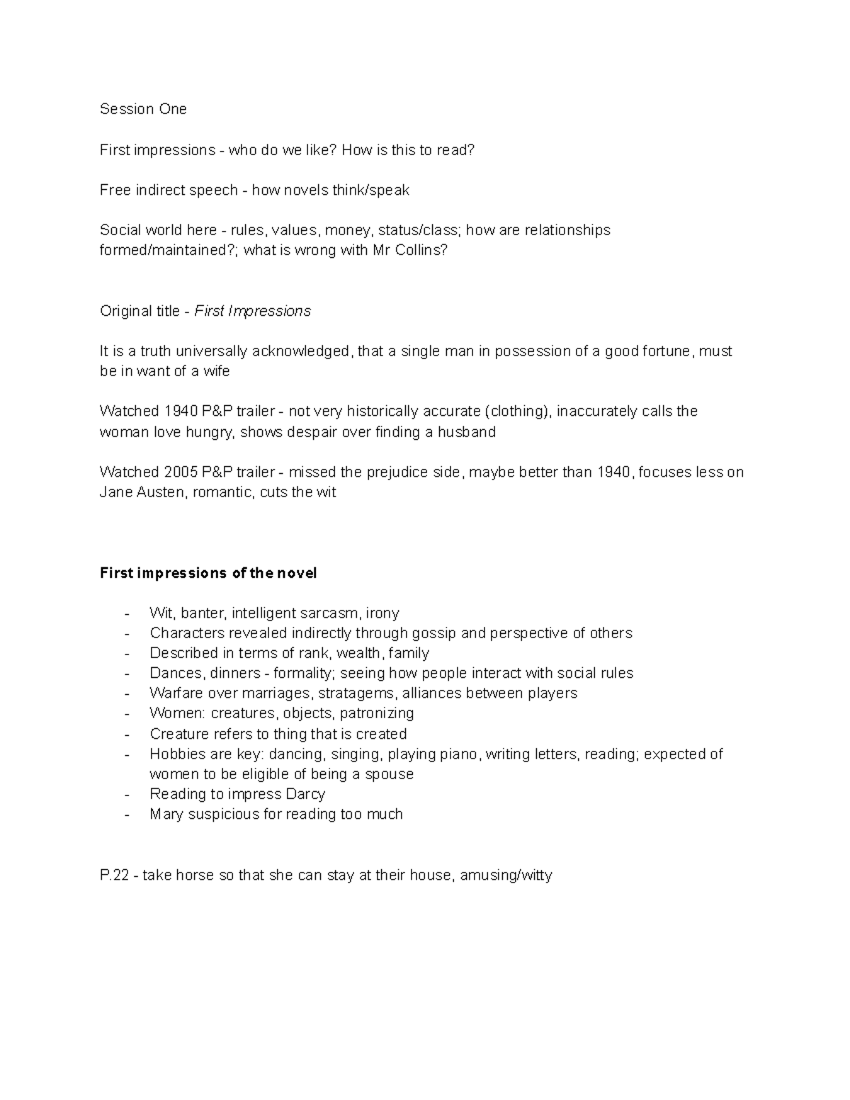 12. Austen s Pride and Prejudice - Session One First impressions - who ...