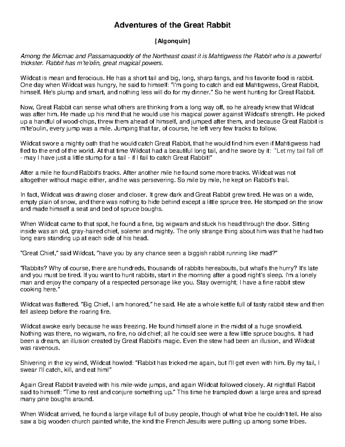 Trickster Story Six - Adventures of the Great Rabbit-1 - Adventures of ...