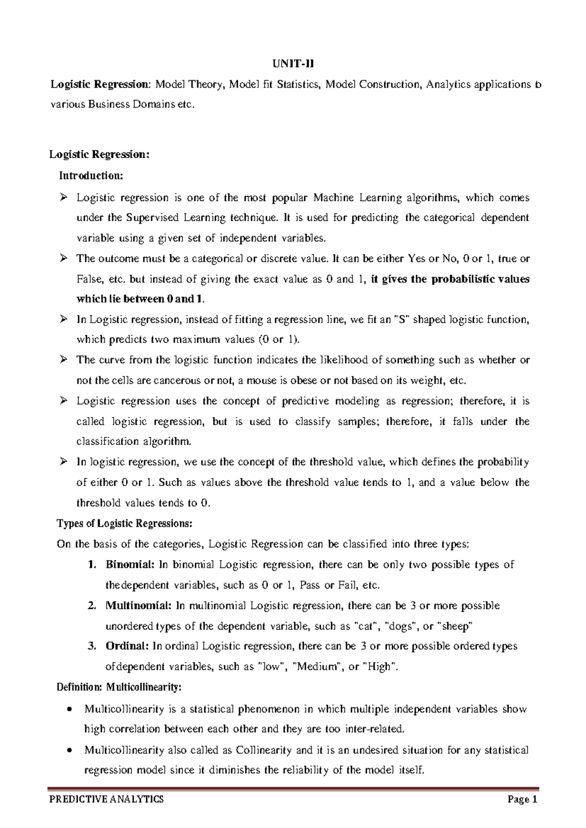 PA Unit-II - Predictive Analytics unit 2 - UNIT-II Logistic Regression ...