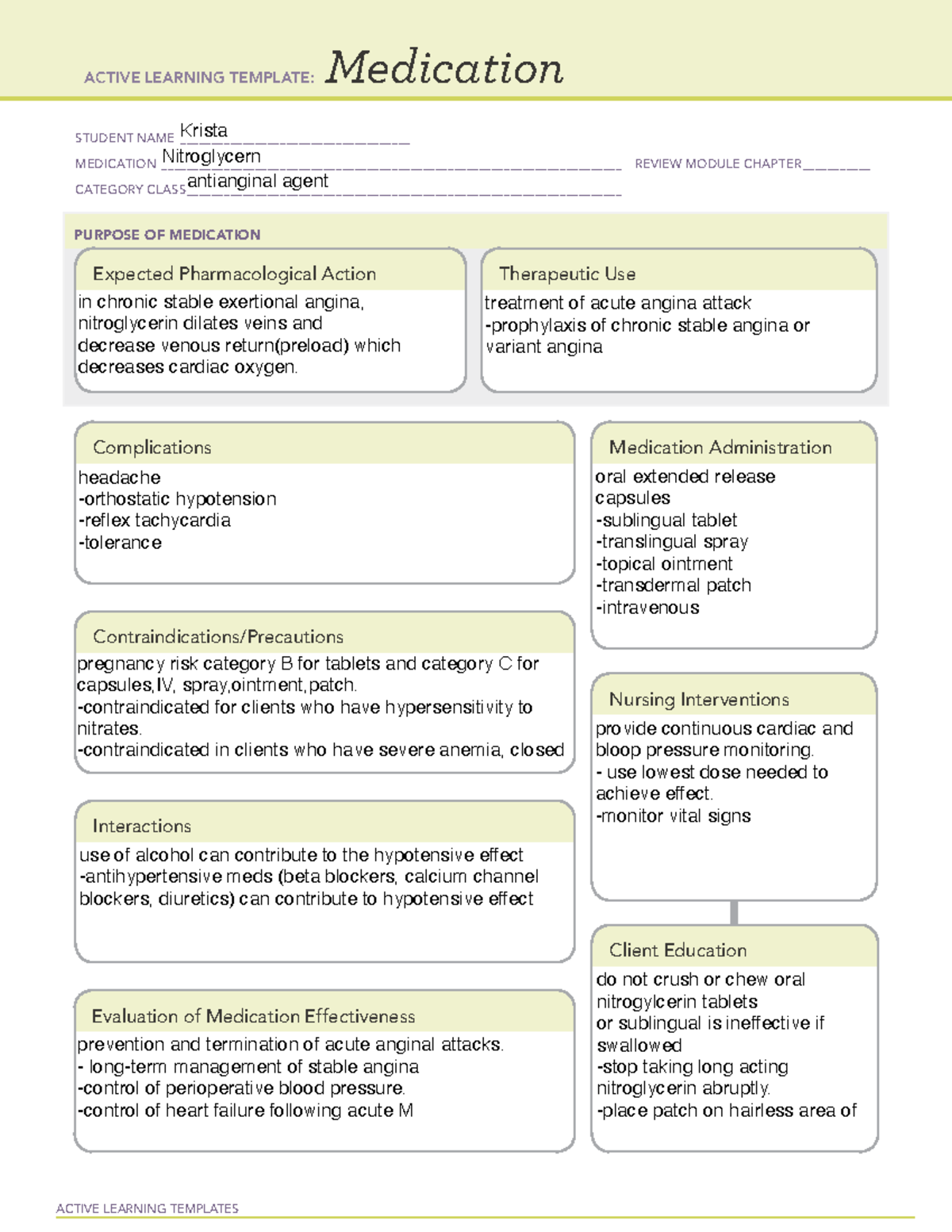 Nitroglycern - meds - ACTIVE LEARNING TEMPLATES Medication STUDENT NAME ...