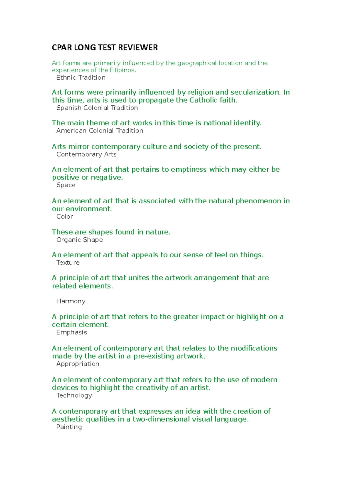 CPAR LONG TEST Reviewer - CPAR LONG TEST REVIEWER Art forms are ...