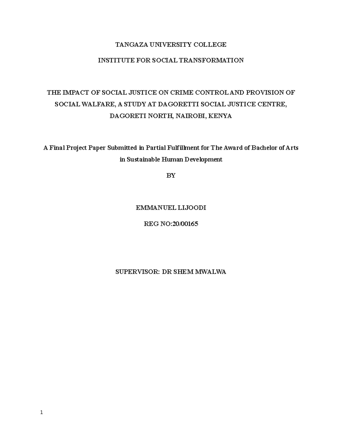 Final Paper Emmanuel - TANGAZA UNIVERSITY COLLEGE INSTITUTE FOR SOCIAL ...