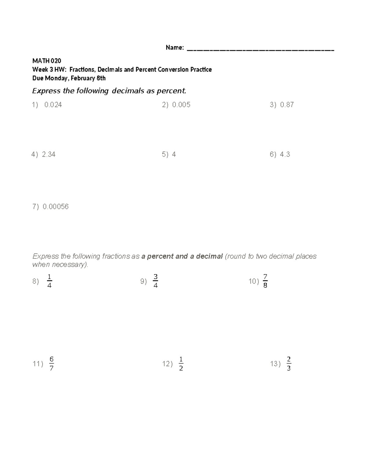 Week 3 Homework - Fractions Decimals Percent Conversion Practice - TC ...