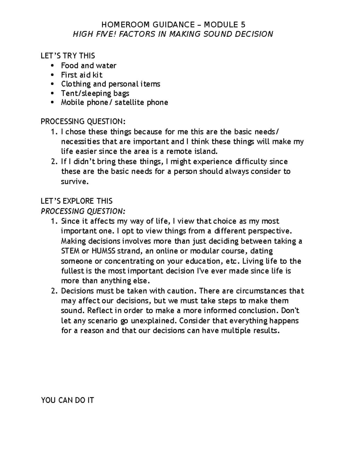 Homeroom 5 - nothing - HOMEROOM GUIDANCE – MODULE 5 HIGH FIVE! FACTORS ...