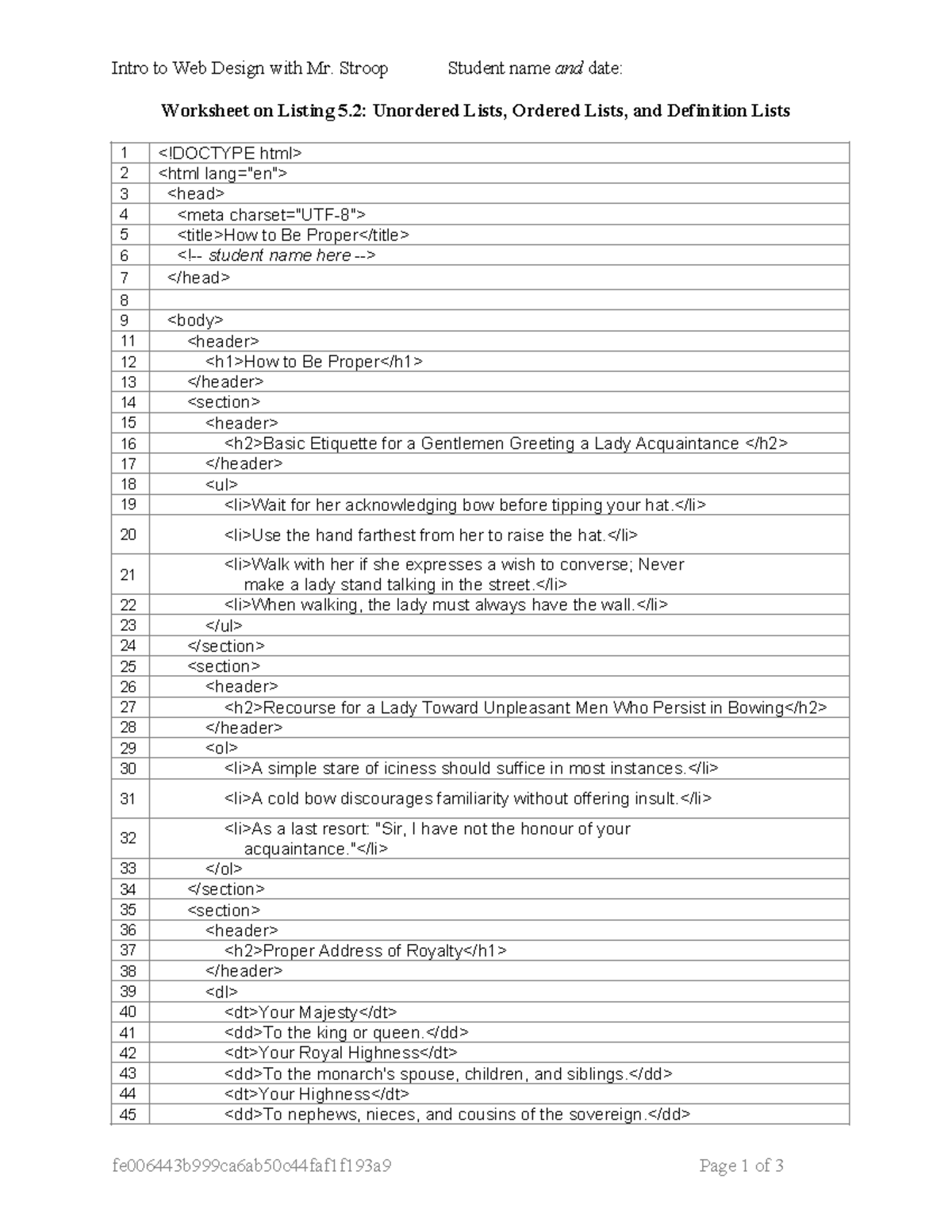 Worksheet on Listing 5 - Intro to Web Design with Mr. Stroop Student ...
