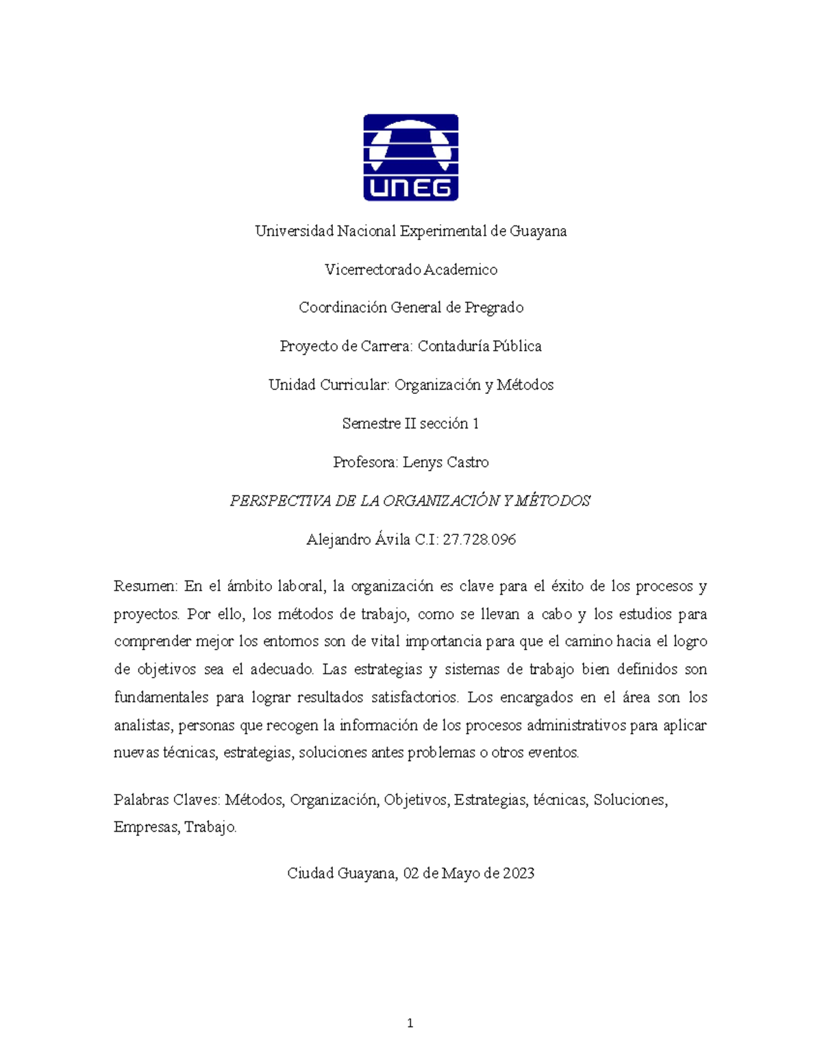Organizacion y metodos - Universidad Nacional Experimental de Guayana ...