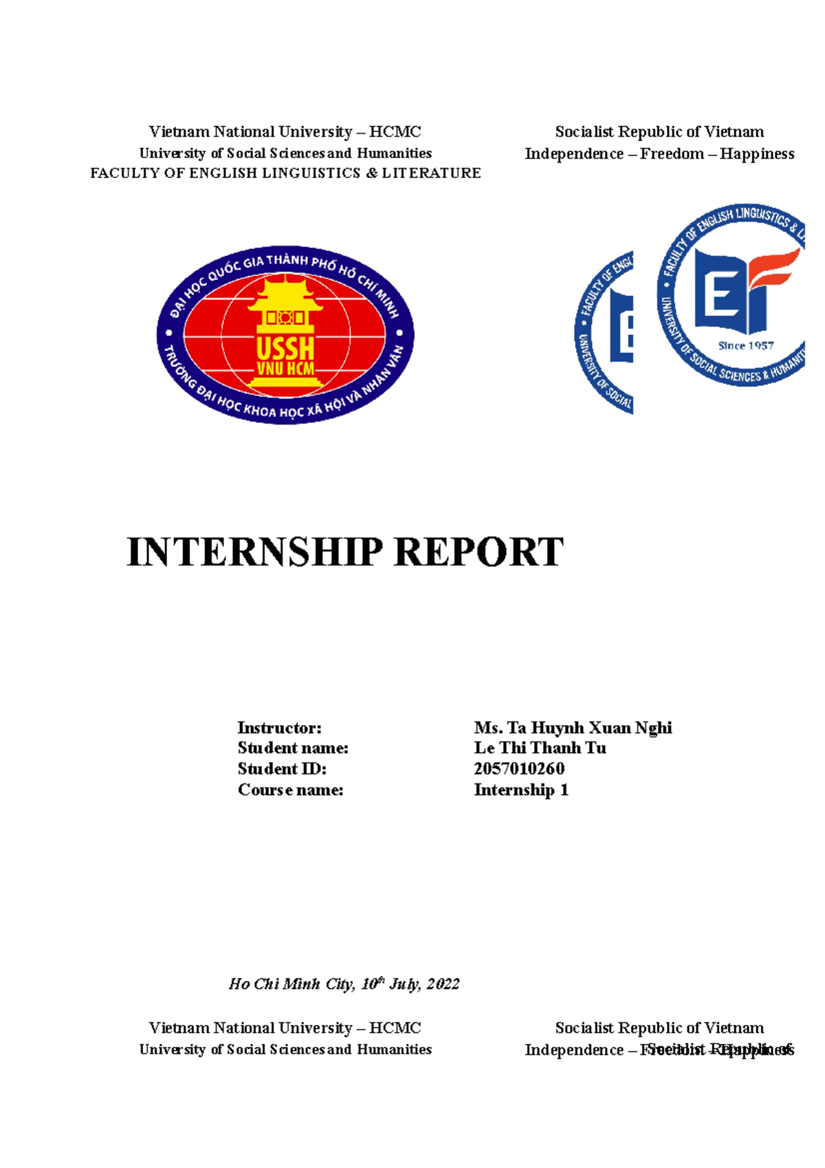 Individual Internship Report - Le Thi Thanh Tu - 2057010260 - Vietnam ...