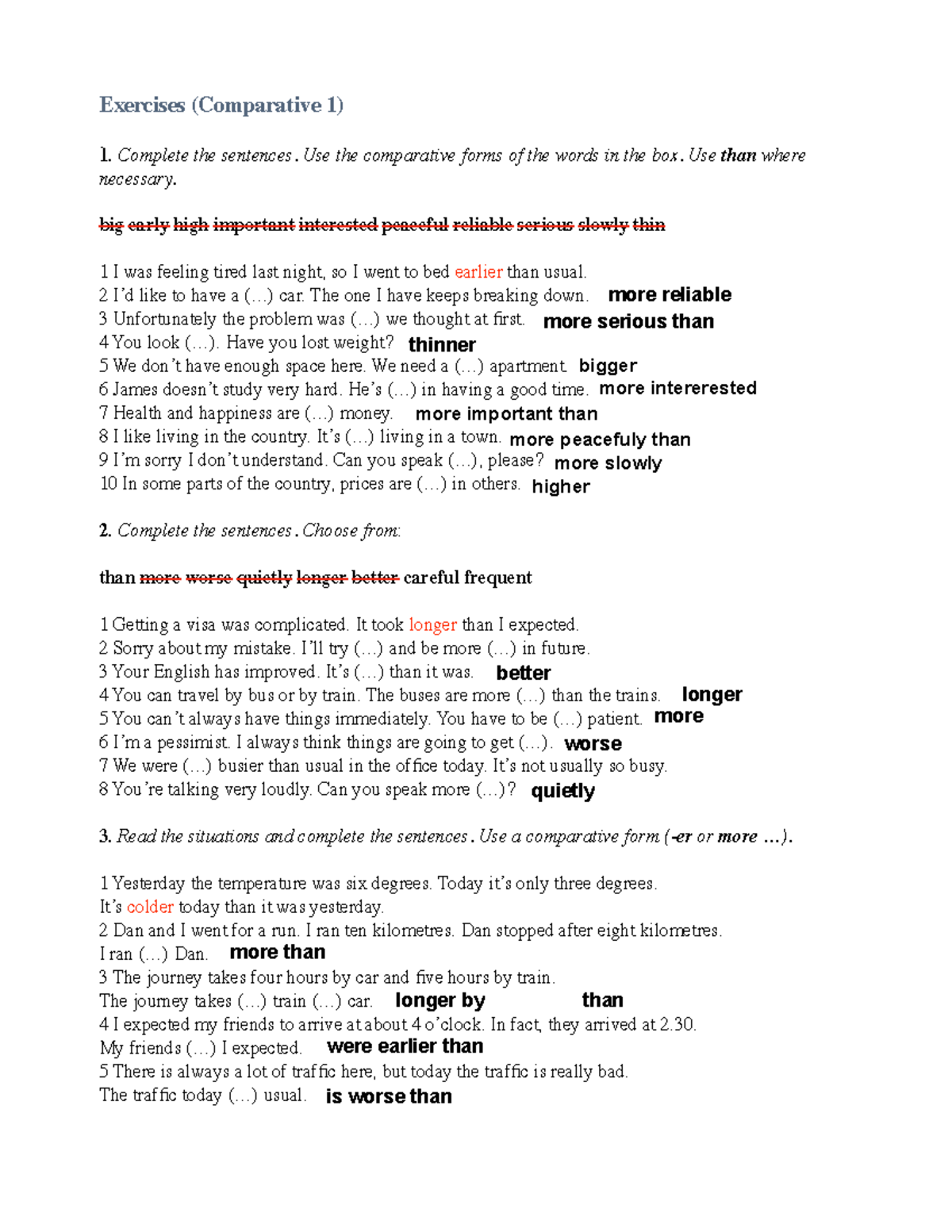Exo grammaire - French cours - Exercises (Comparative 1) Complete the ...