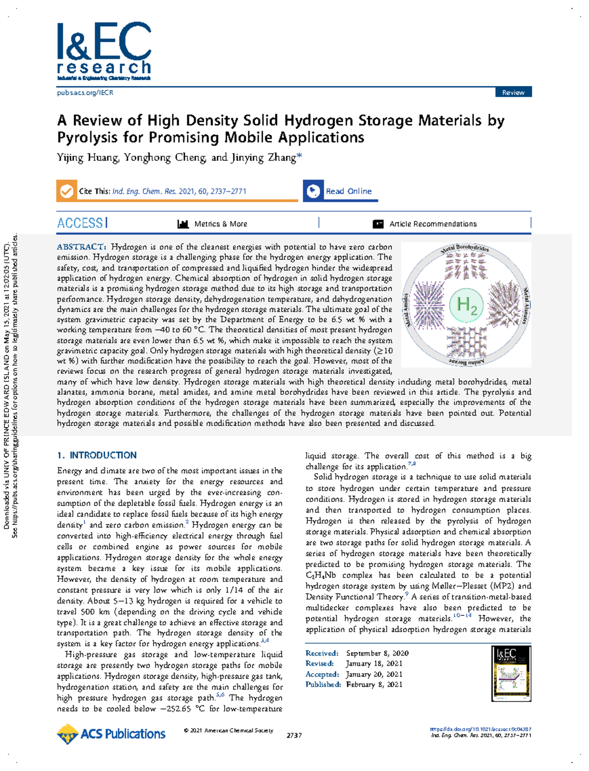 A Review of High Density Solid Hydrogen Storage Materials by Pyrolysis ...