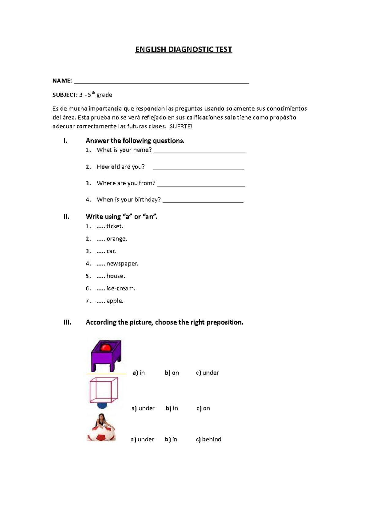 English Diagnostic TEST - ENGLISH DIAGNOSTIC TEST NAME: - Studocu