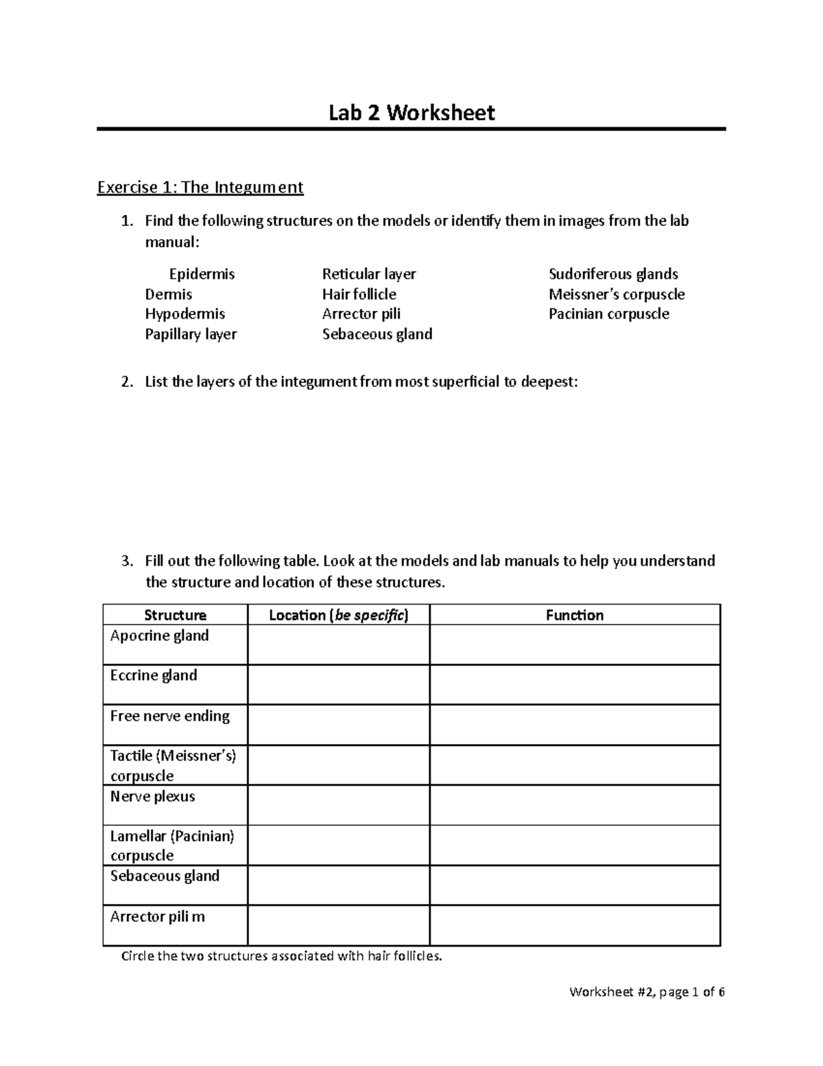 Worksheet Lab 2 SP22 - Lab 2 Worksheet Exercise 1: The Integument Find ...