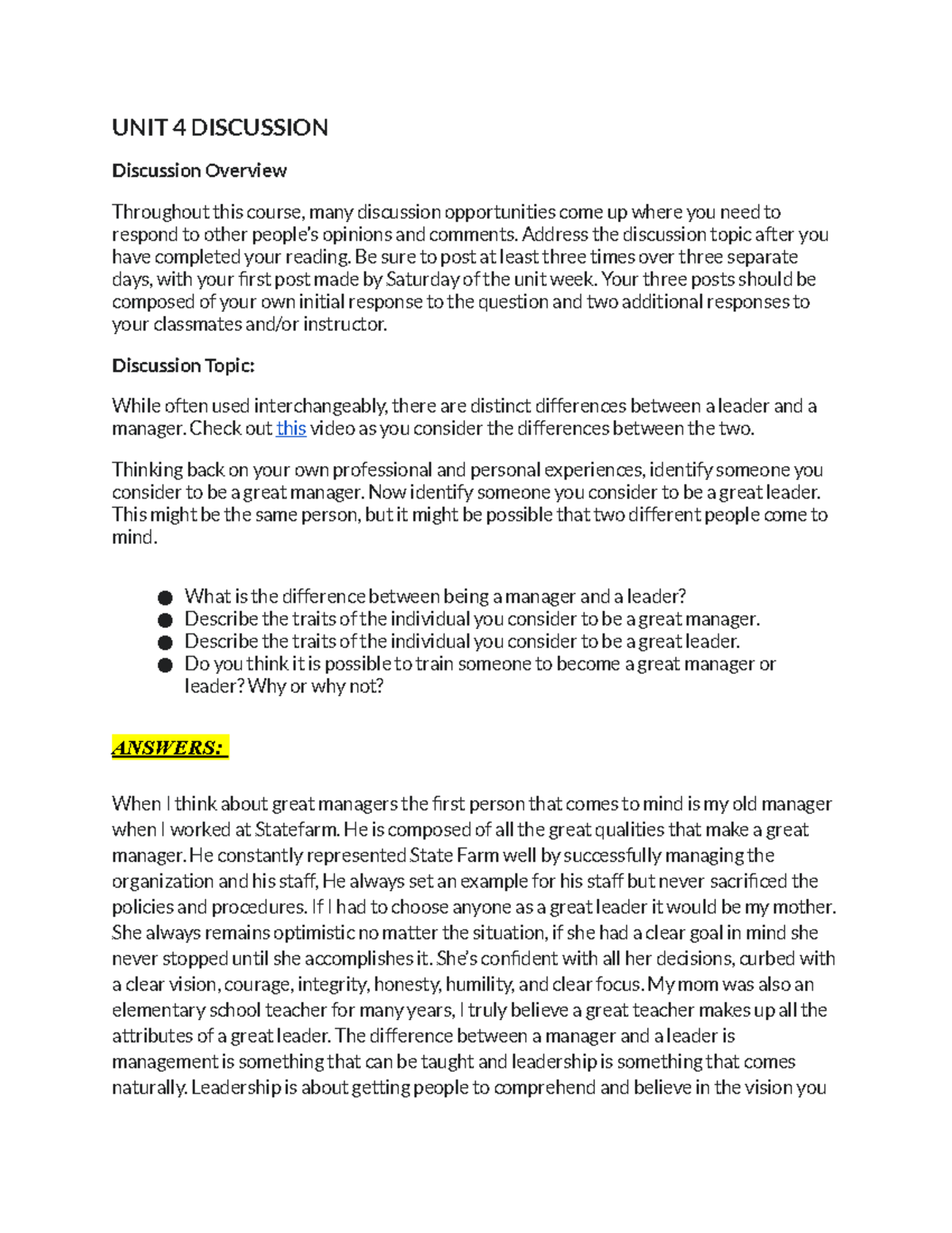 MT140 UNIT 4 Discussion - UNIT 4 DISCUSSION Discussion Overview ...