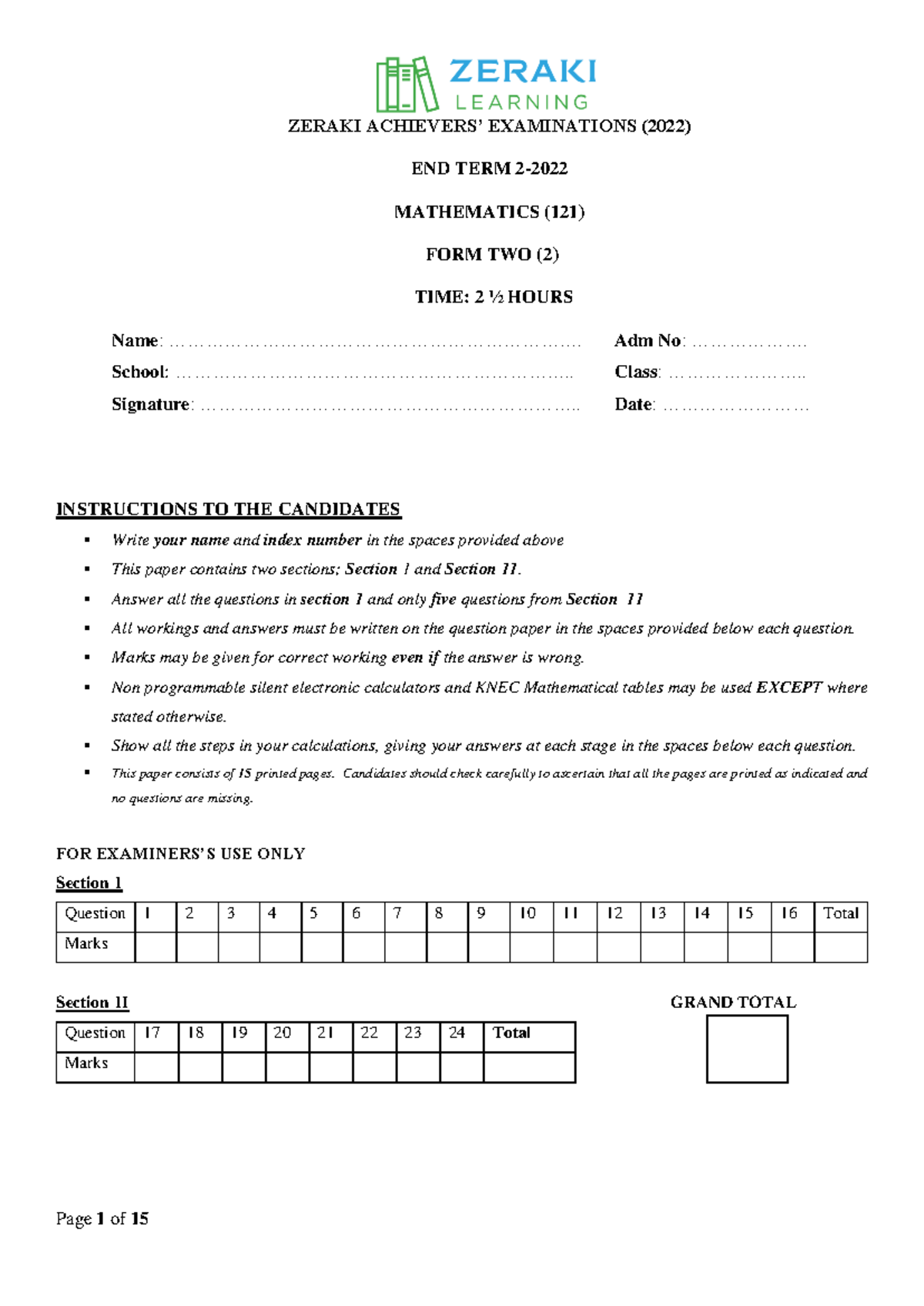 Mathematics Form 2 Question Paper Zeraki Achievers 7.0 - August 2022 ...