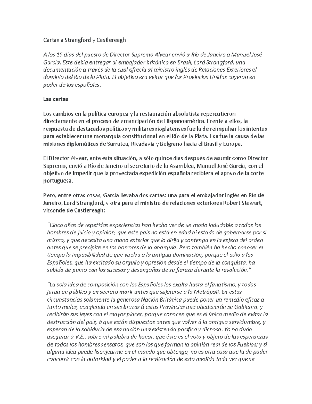 Carta de Alvear a Lord Strangford - Cartas a Strangford y Castlereagh A ...