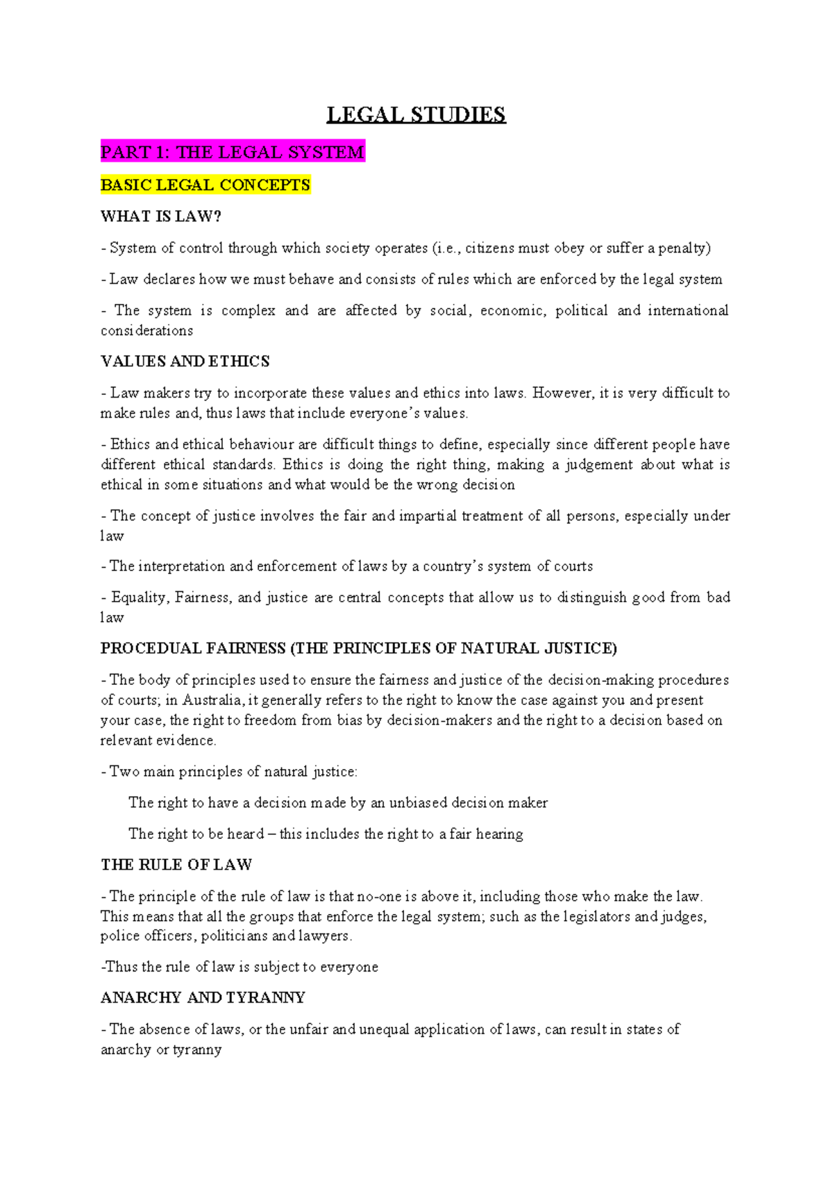 Study Notes Legal hsc - LEGAL STUDIES PART 1: THE LEGAL SYSTEM BASIC ...