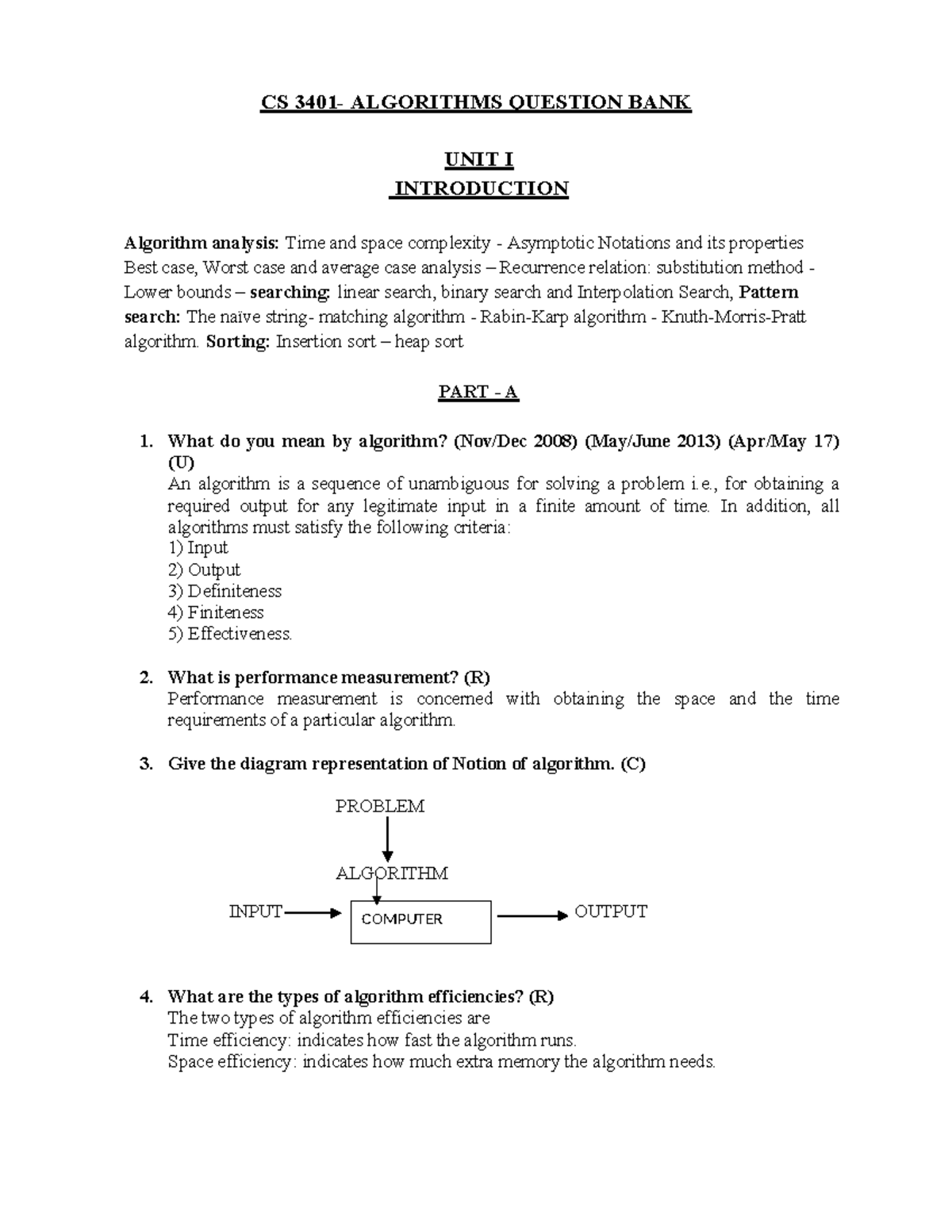 Cs3401 Algorithms Question Bank Computer Cs 3401 Algorithms Question Bank Unit I