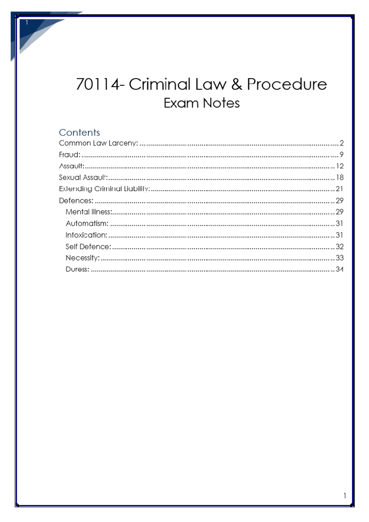 CL Notes Sample - Criminal Law and Procedure Exam Notes: Common Law ...
