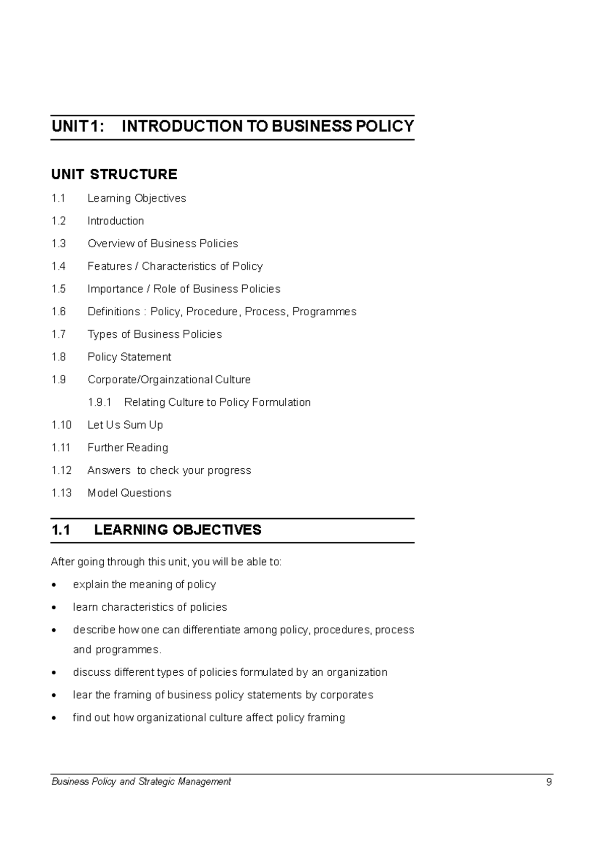 Unit-1 bba bachelor - Introduction to Business Policy Unit 1 UNIT 1 ...