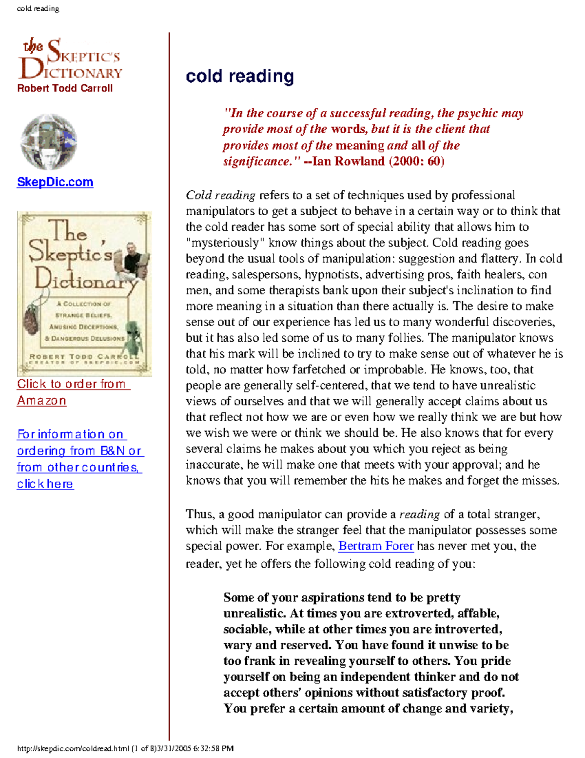 Cold Reading - bwera - cold reading Robert Todd Carroll SkepDic C lic k ...