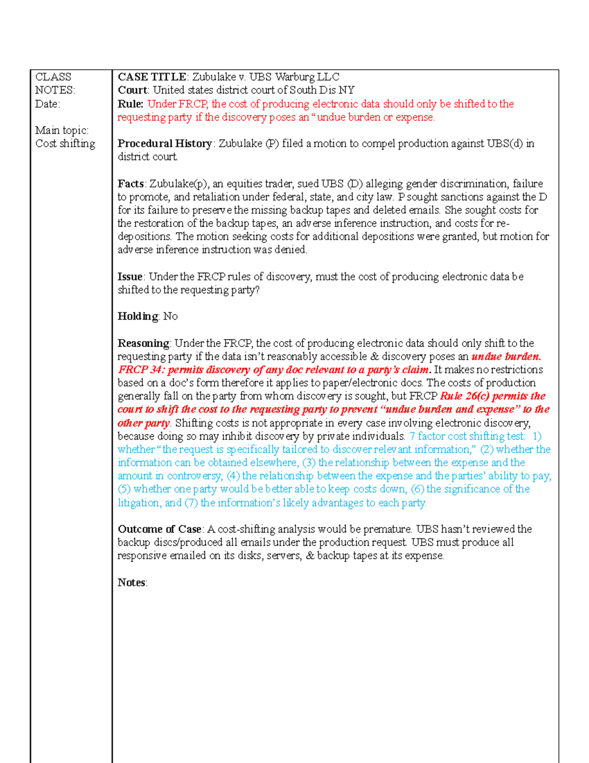Zubulake v. UBS Warburg LLC - CLASS NOTES: Date: Main topic: Cost ...