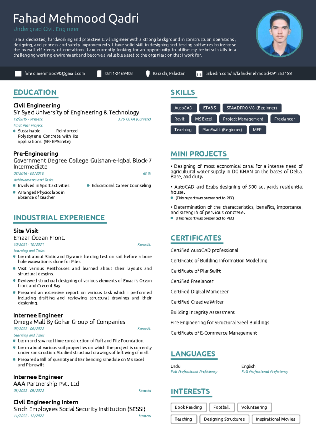 Fahad's Updated Resume - Fahad Mehmood Qadri Undergrad Civil Engineer I ...