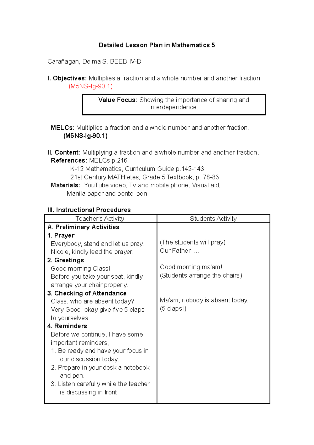 Lesson Planning In Grade 5 Classroom Management Detailed Lesson Plan 
